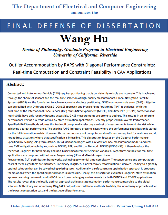 Final Defense of Dissertation: Wang Hu | Department of Electrical and Computer Engineering